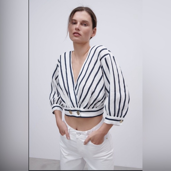 Zara | Tops | Zara Stripped Linen Top Size S Navy Blue And White | Poshmark